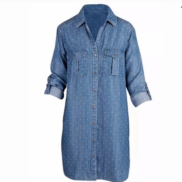 Philosophy | Dresses | Philosophy Tencel Button Down Chambray Tunic Blue Polka Dot Shirt Dress ...